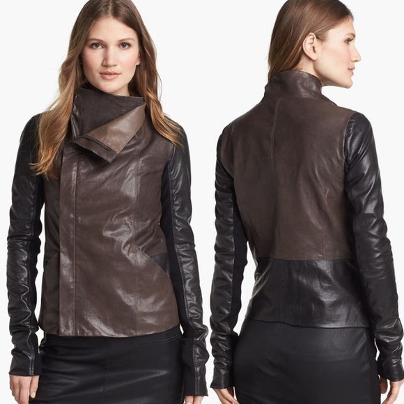 Vince | Jackets & Coats | Vince Drape Collar Colorblock Leather Jacket ...